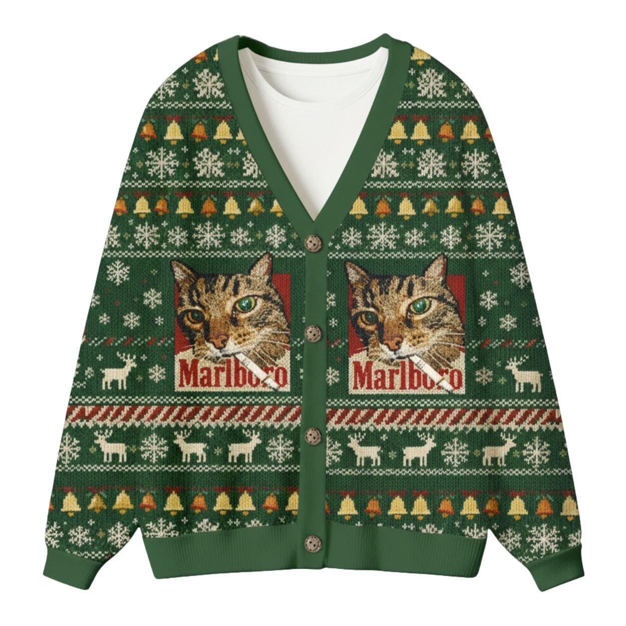 Green Funny Smoking Cat Meme Ugly Cardigan Sweater - Icestork