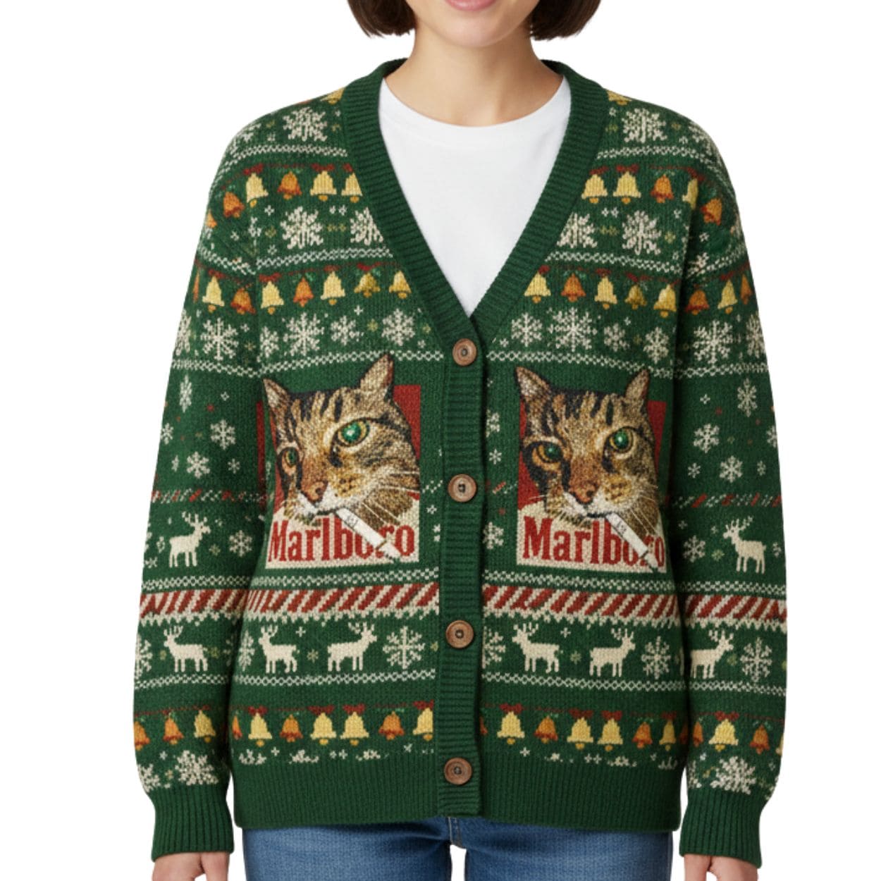Green Funny Smoking Cat Meme Ugly Cardigan Sweater - Icestork