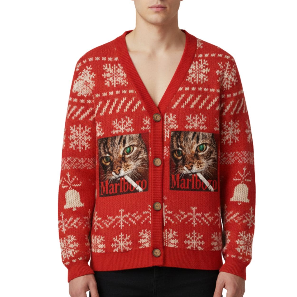 Red Funny Smoking Cat Meme Ugly Cardigan Sweater - Icestork