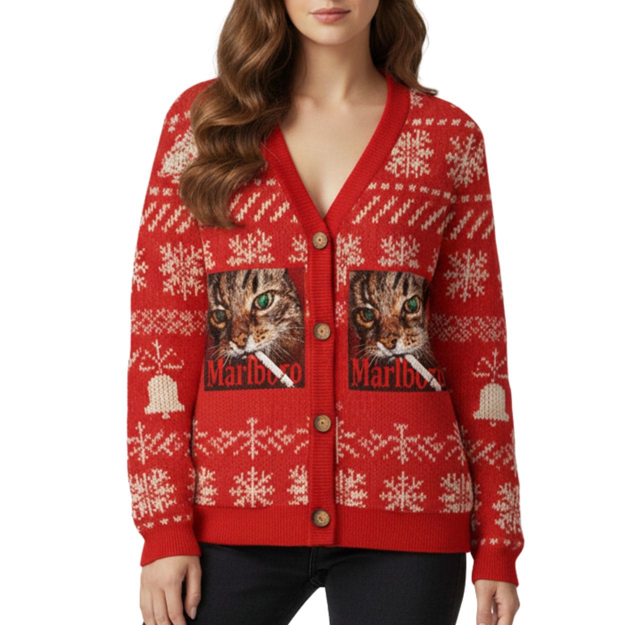 Red Funny Smoking Cat Meme Ugly Cardigan Sweater - Icestork